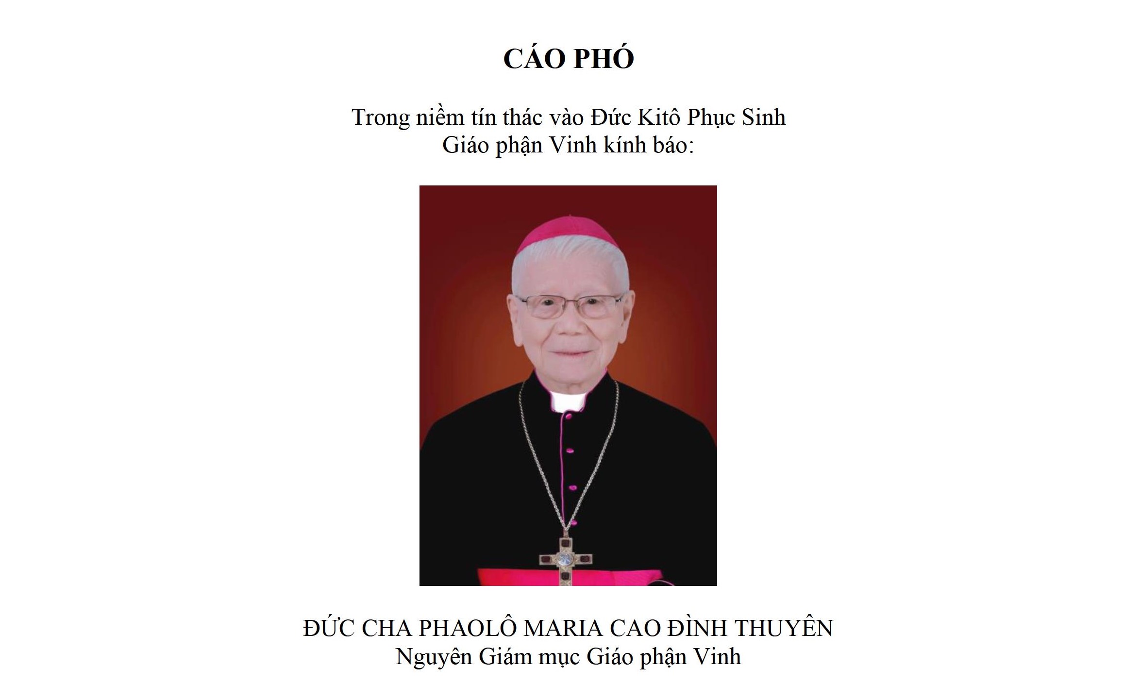 CÁO PHÓ: ĐỨC CHA PHAOLÔ MARIA CAO ĐÌNH THUYÊN – NGUYÊN GIÁM MỤC GIÁO PHẬN VINH